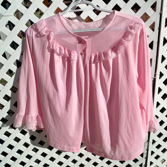 Tops | Pink Sheer Ruffled Blouse Vintage Coquette Cottagecore | Poshmark